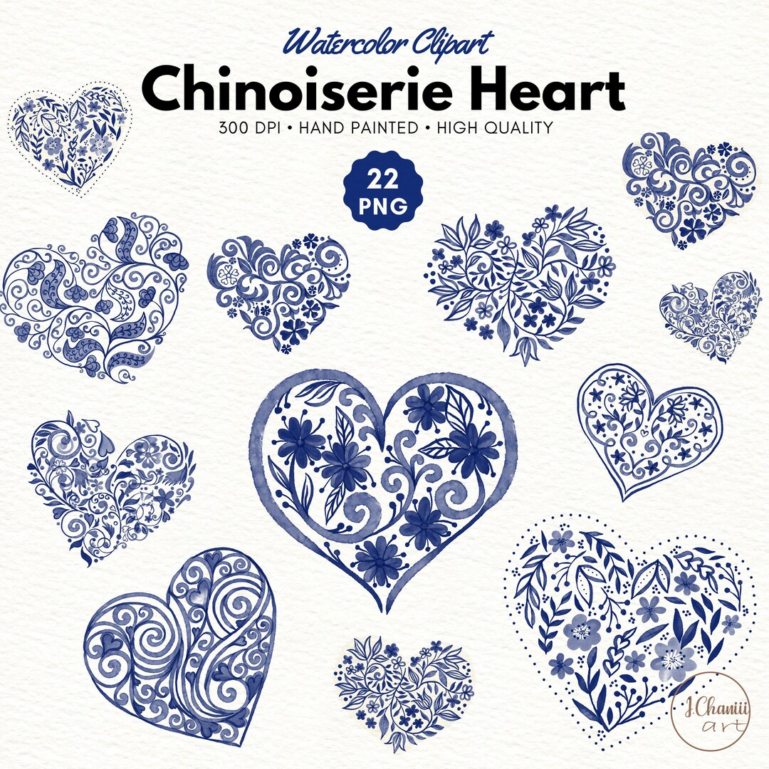 Chinoiserie Heart Clipart, Watercolor Valentine Clipart, Chinoiserie ...