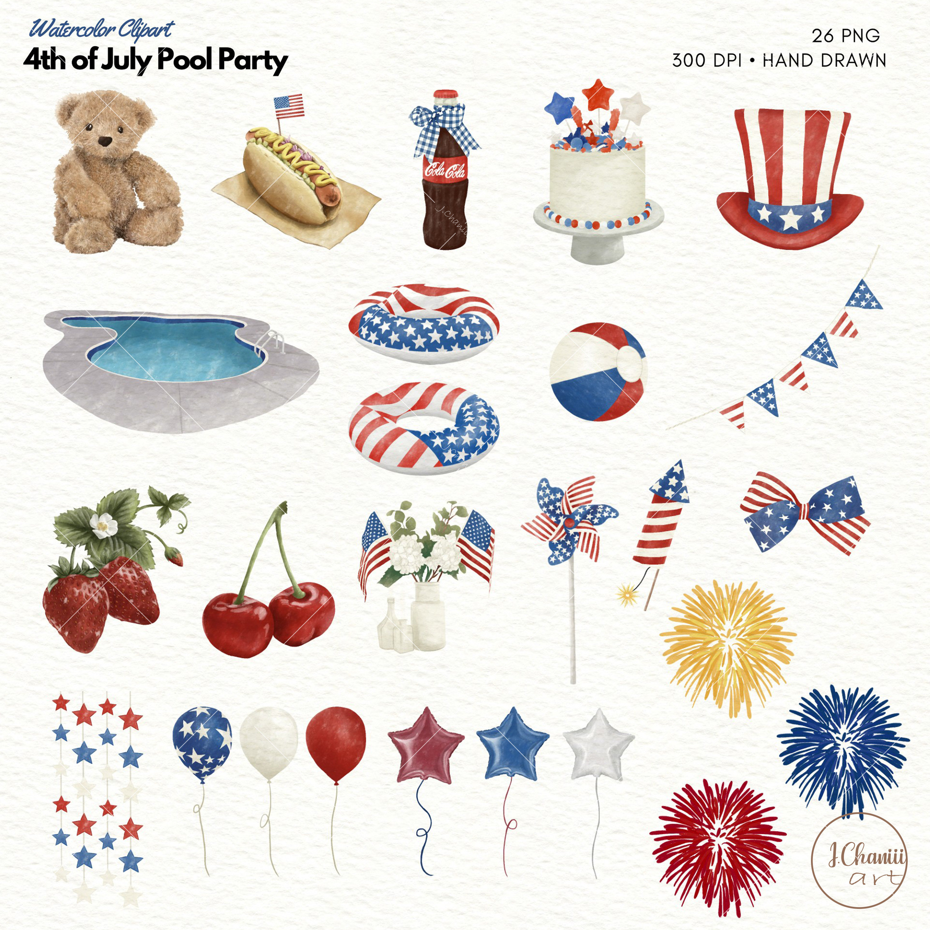 4th of July Pool Part Clipart, Watercolor 4th of July Png, Summer ...
