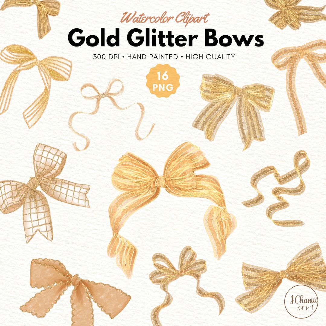 Gold Glitter Coquette Bows Clipart, Watercolor New Year Clip Art, Hand ...