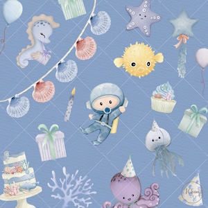 Under the Sea Clipart: Boy Birthday Party, Watercolor Animals (PNG ...