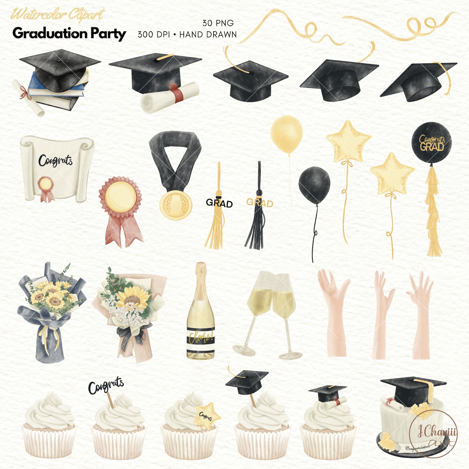 Graduation Party Clipart, Watercolor Graduation Clipart, Congrats Hat ...
