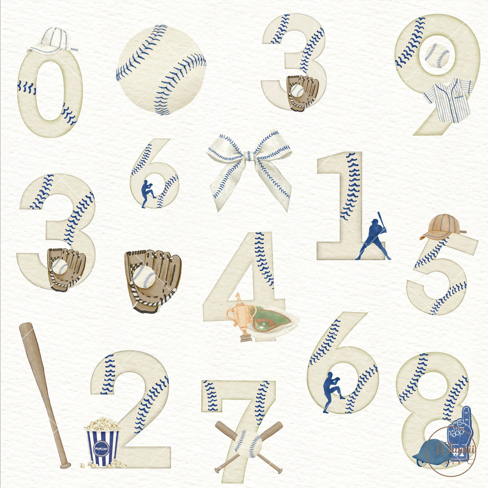 Blue Baseball Numbers Clipart, Watercolor Baseball Clip Art, Gloves ...