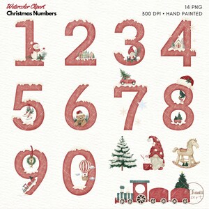 Christmas Watercolor Numbers Clipart, Snowy Festive PNG (digital ...