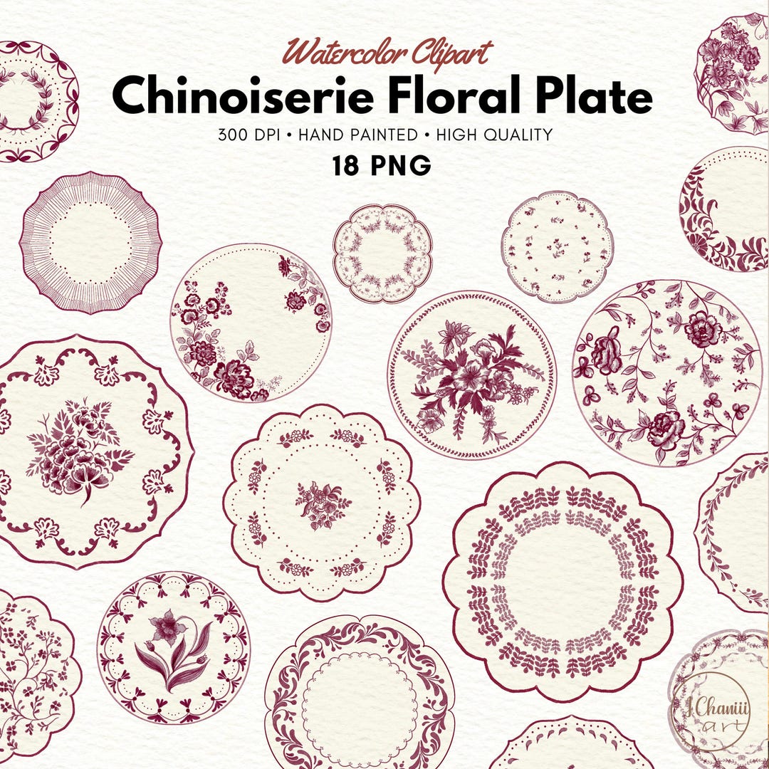 Chinoiserie Floral Plate Clipart, Watercolor Red Chinoiserie Floral ...