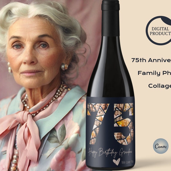 Personalized 75th Birthday Number 75 Family Photo Collage Wine Labels ...