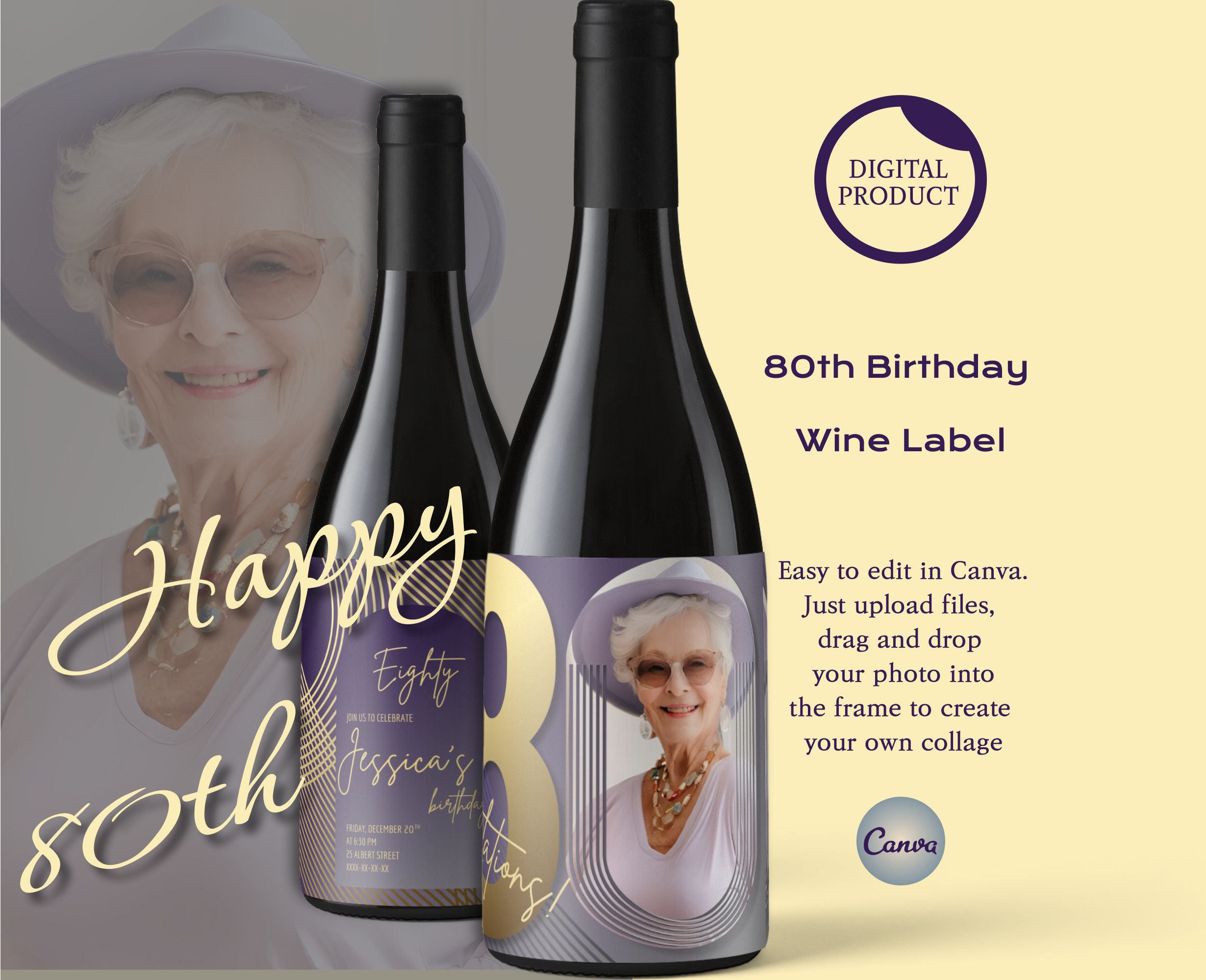 EDITABLE 80th Birthday Wine Labels, Cheers to 80 Years, 80th Birthday ...