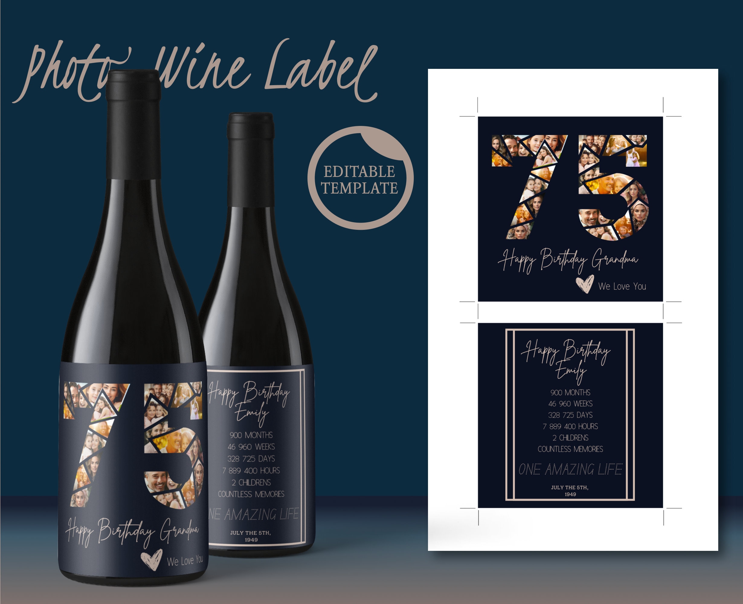 Personalized 75th Birthday Number 75 Family Photo Collage Wine Labels ...