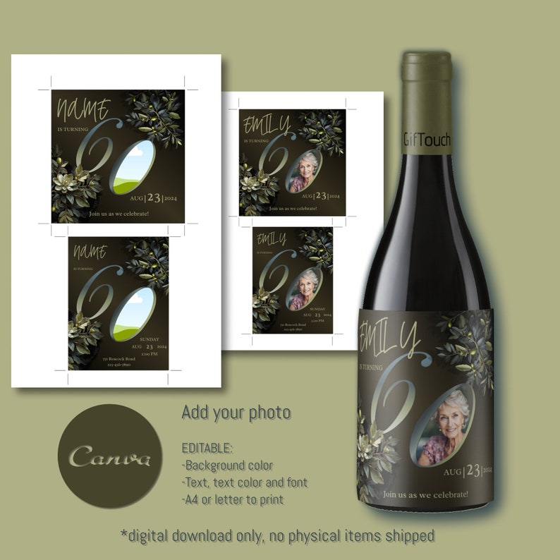 Editable 60th Birthday Photo Wine Label. Personalized 60th Anniversary ...