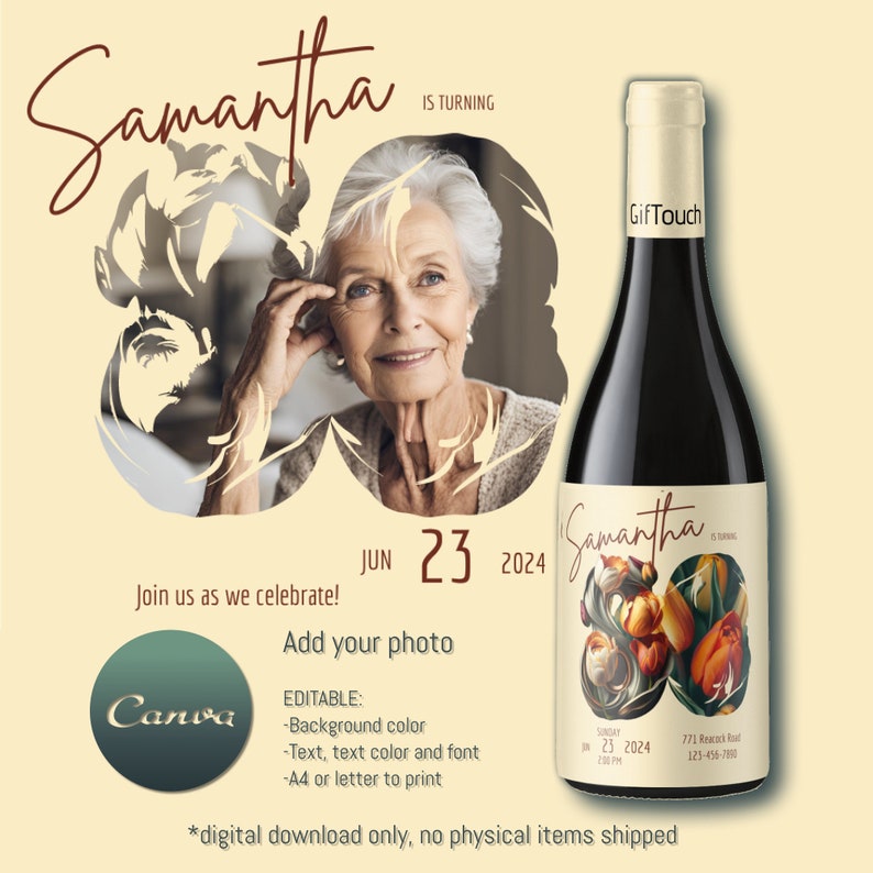EDITABLE 80th Birthday Wine Labels, Cheers to 80 Years, 80th Birthday ...