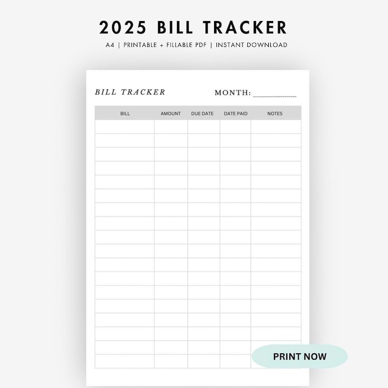 2025 Monthly Bill Tracker Printable & Fillable PDF | Budget Tracker ...