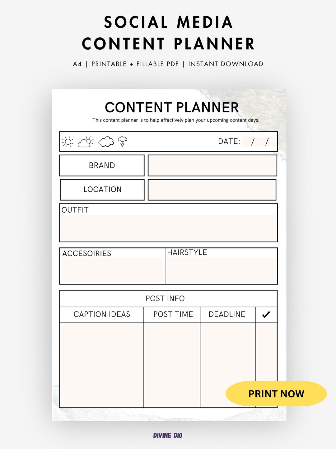 Social Media Content Printable | Content Planner for Instagram, Youtube ...