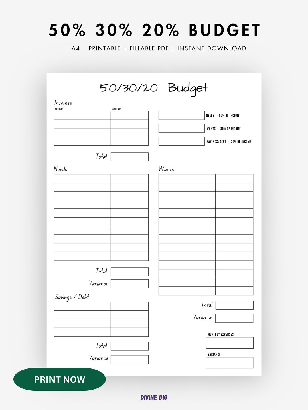 50,30,20 Budget Planner Printable & Fillable PDF | Budget Tracker ...