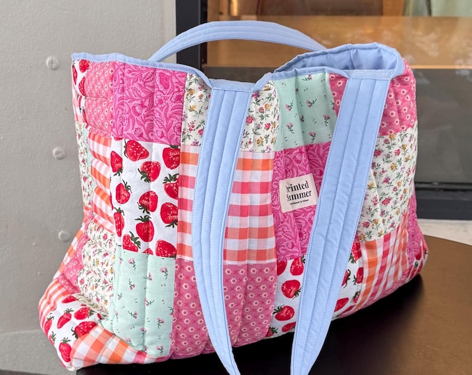 Strawberry Quilted Patchwork Tote Bag – Large Quilted Pastel Gingham Bag, Cottagecore Tote ...