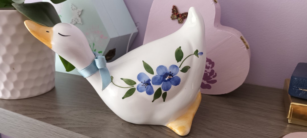 White Ceramic Goose With Blue Flowers and Bow, Shelf Ornament. Vintage ...