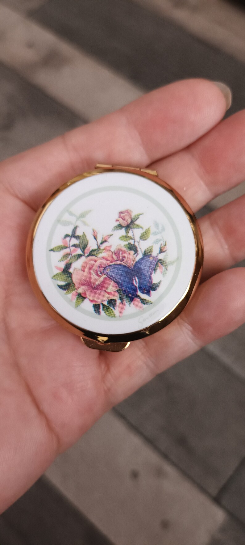 Stratton Mini Powder Compact, 1980s White Enamel, Pink Rose, Blue ...