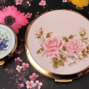 Stratton Mini Powder Compact, 1980s White Enamel, Pink Rose, Blue ...