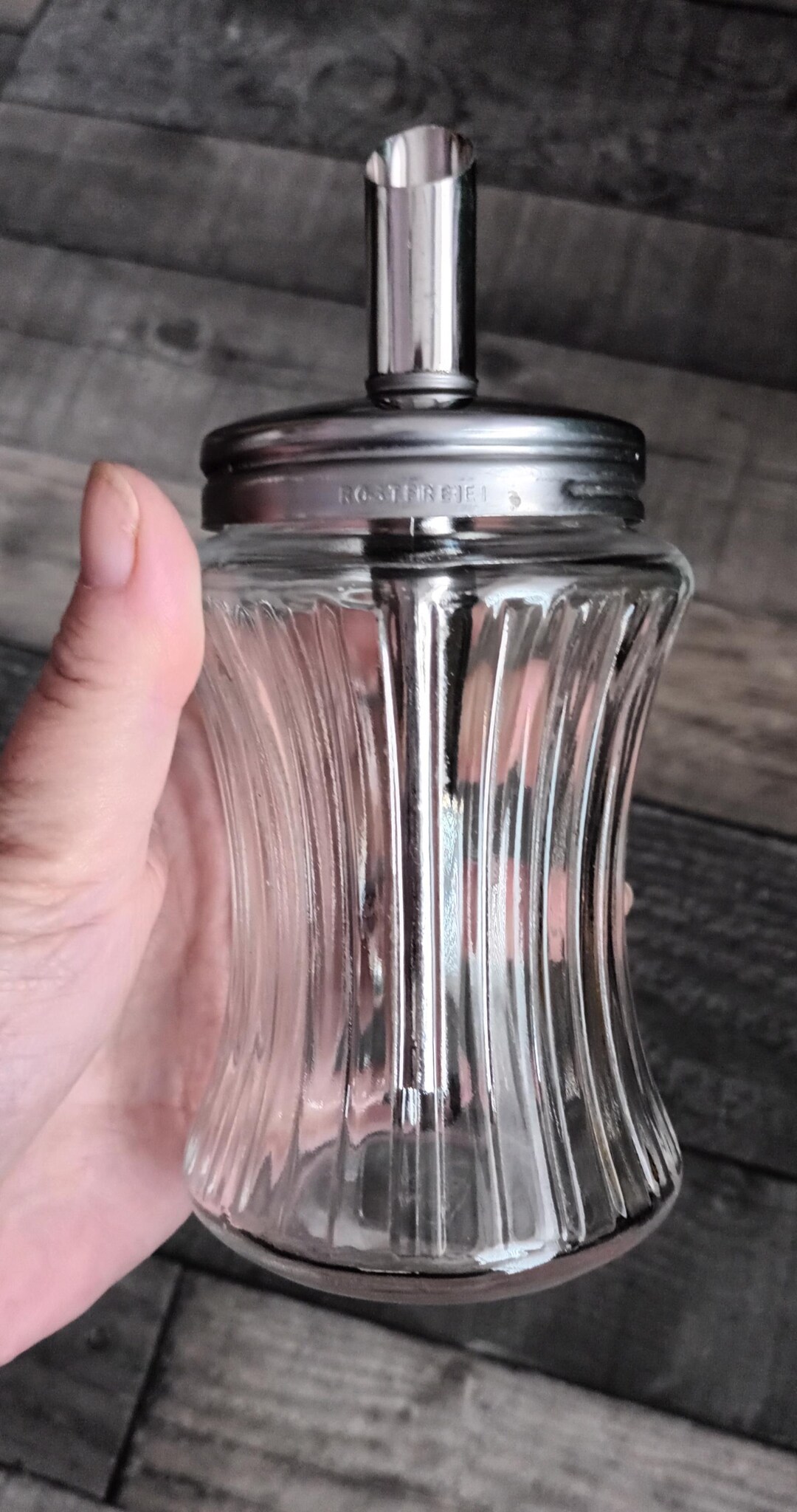 Vintage BMF Rostfrei Glass Sugar Dispenser: Ribbed Stainless Steel ...