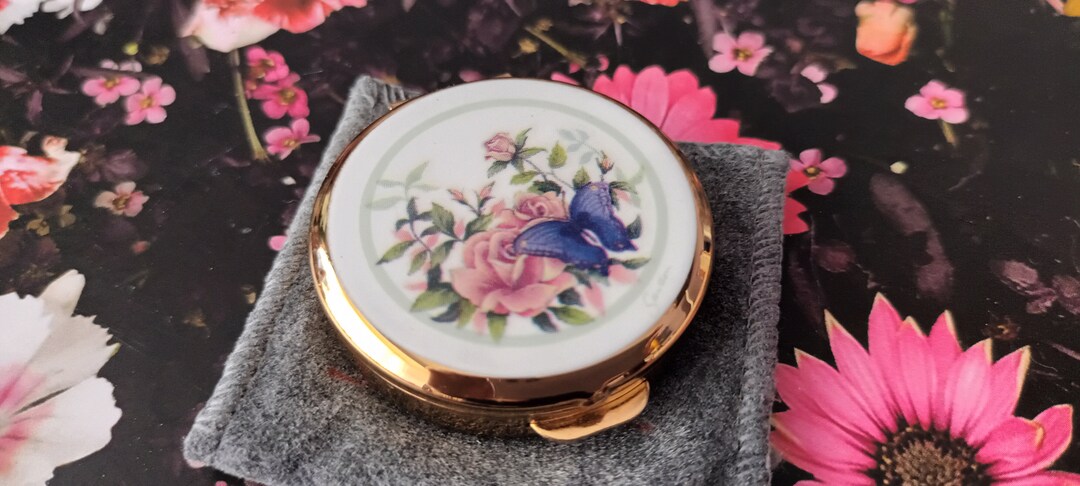 Stratton Mini Powder Compact, 1980s White Enamel, Pink Rose, Blue ...