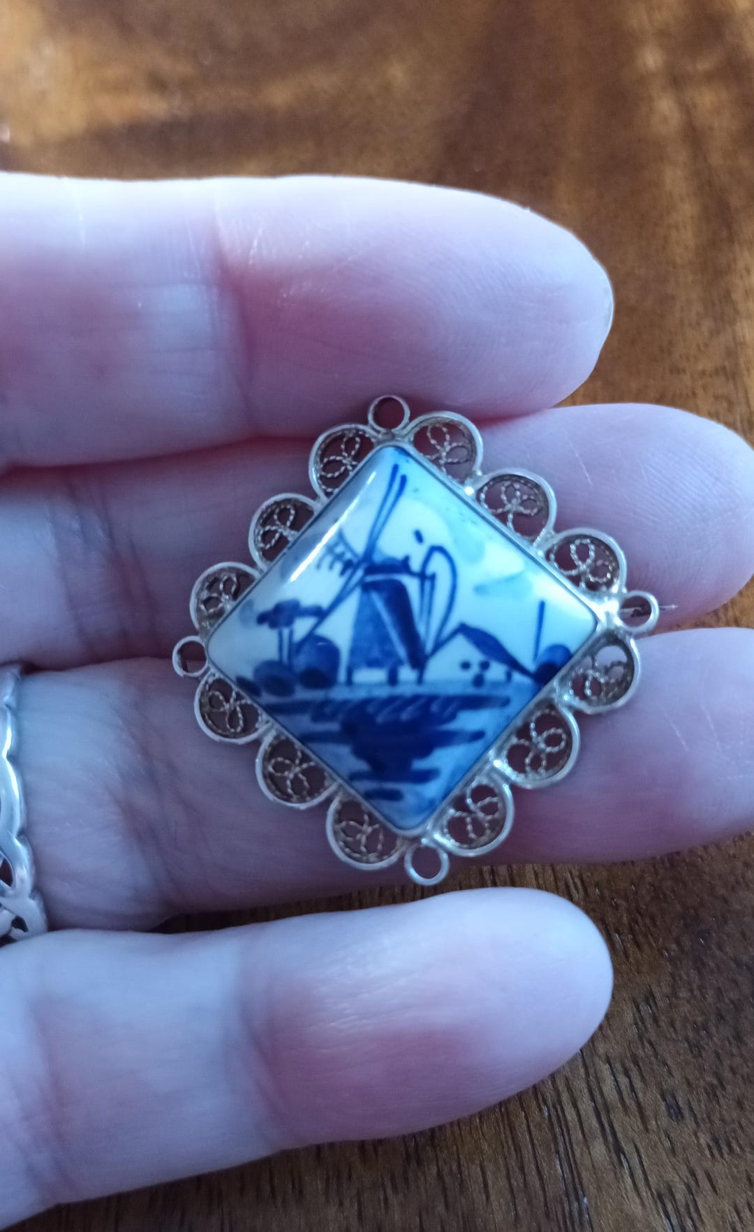 Delft Filigree Brooch • 835 Continental Silver • Hand‑painted Blue ...