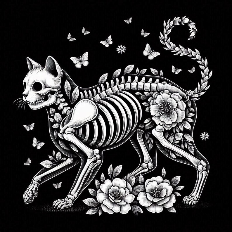 Skeleton Cat Digital Art – Spooky Cat Illustration – Printable Wall Art ...