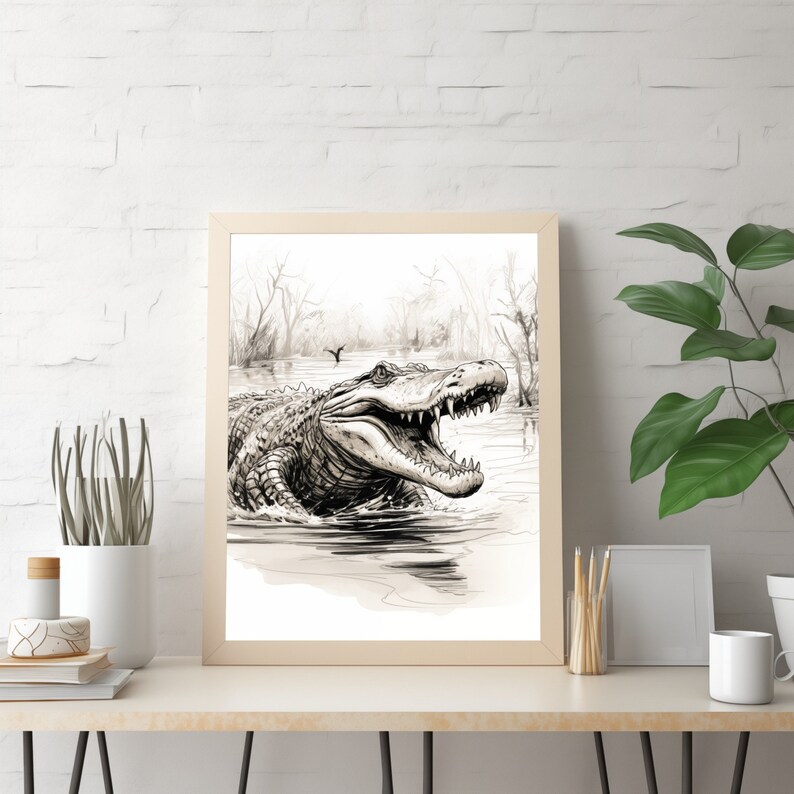 Crocodile Calligraphy Art Print, Marsh Habitat Drawing, Nature Inspired ...