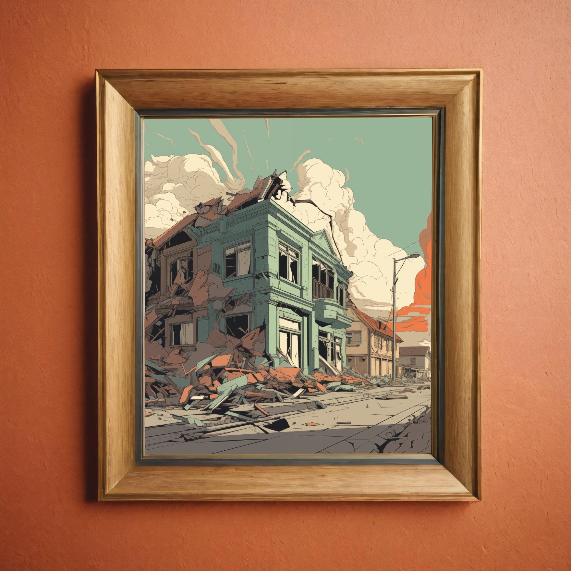 Vintage Earthquake Street Scene Art Print, Retro Disaster Wall Decor ...