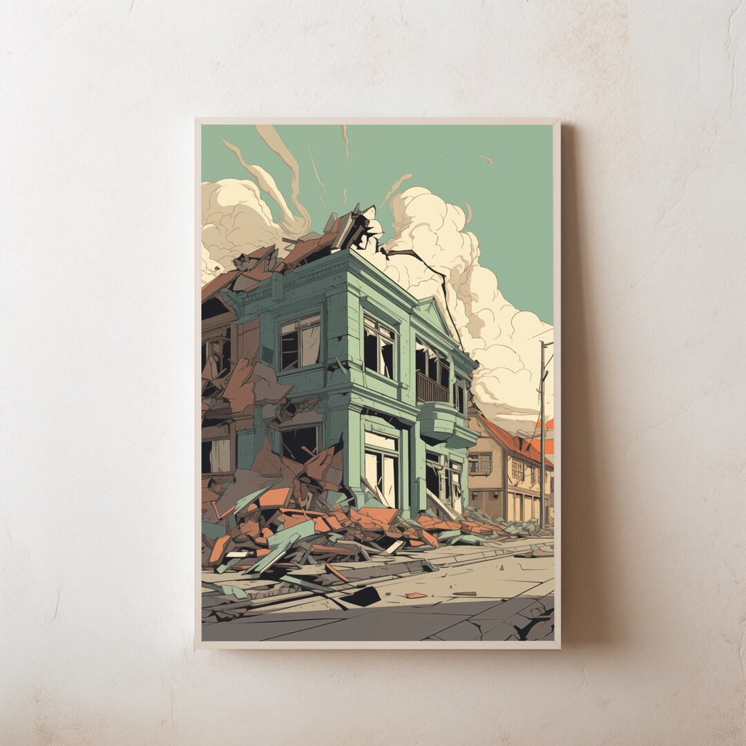 Vintage Earthquake Street Scene Art Print, Retro Disaster Wall Decor ...