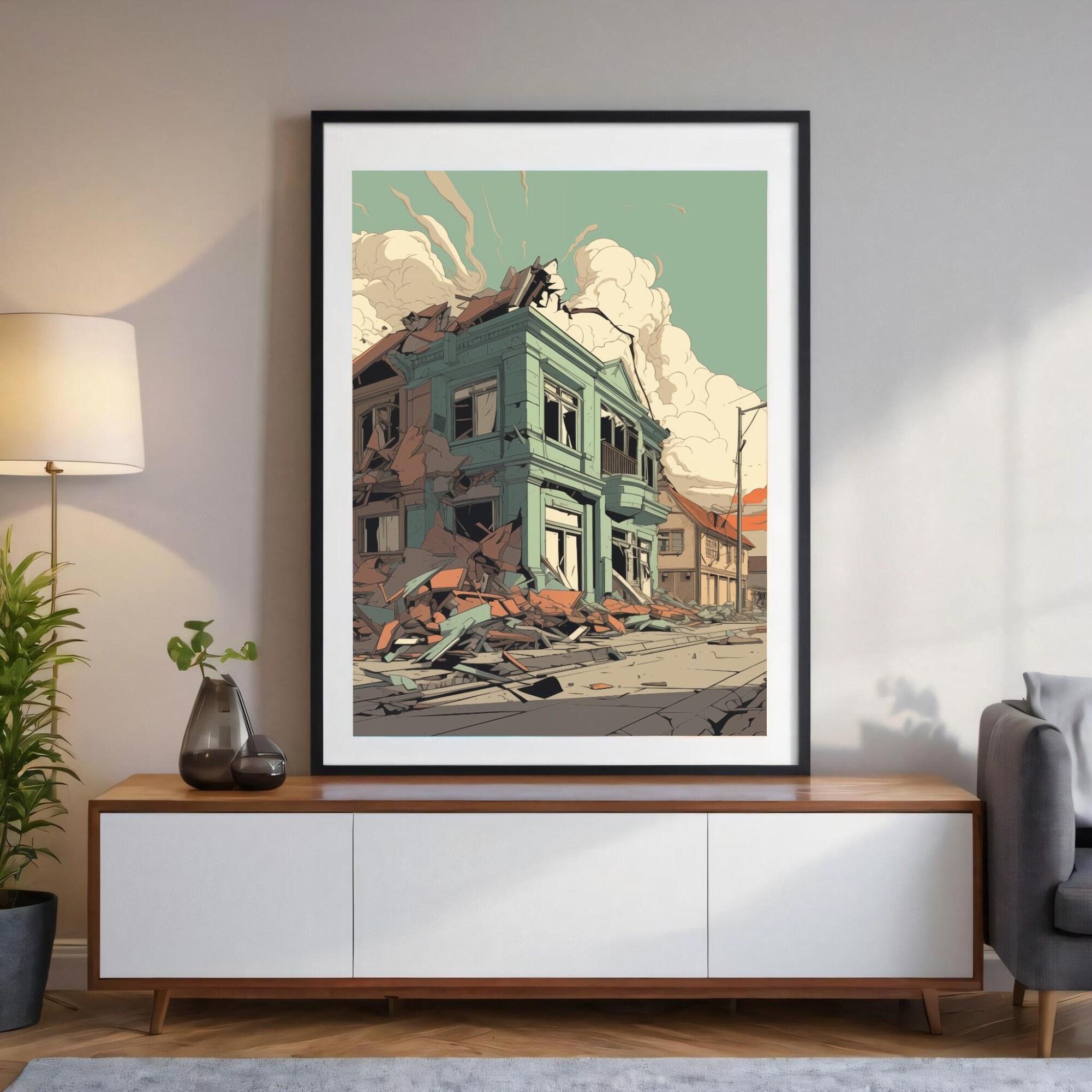 Vintage Earthquake Street Scene Art Print, Retro Disaster Wall Decor ...