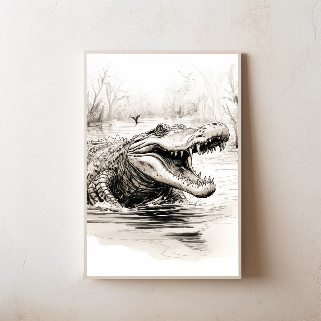 Crocodile Calligraphy Art Print, Marsh Habitat Drawing, Nature Inspired ...