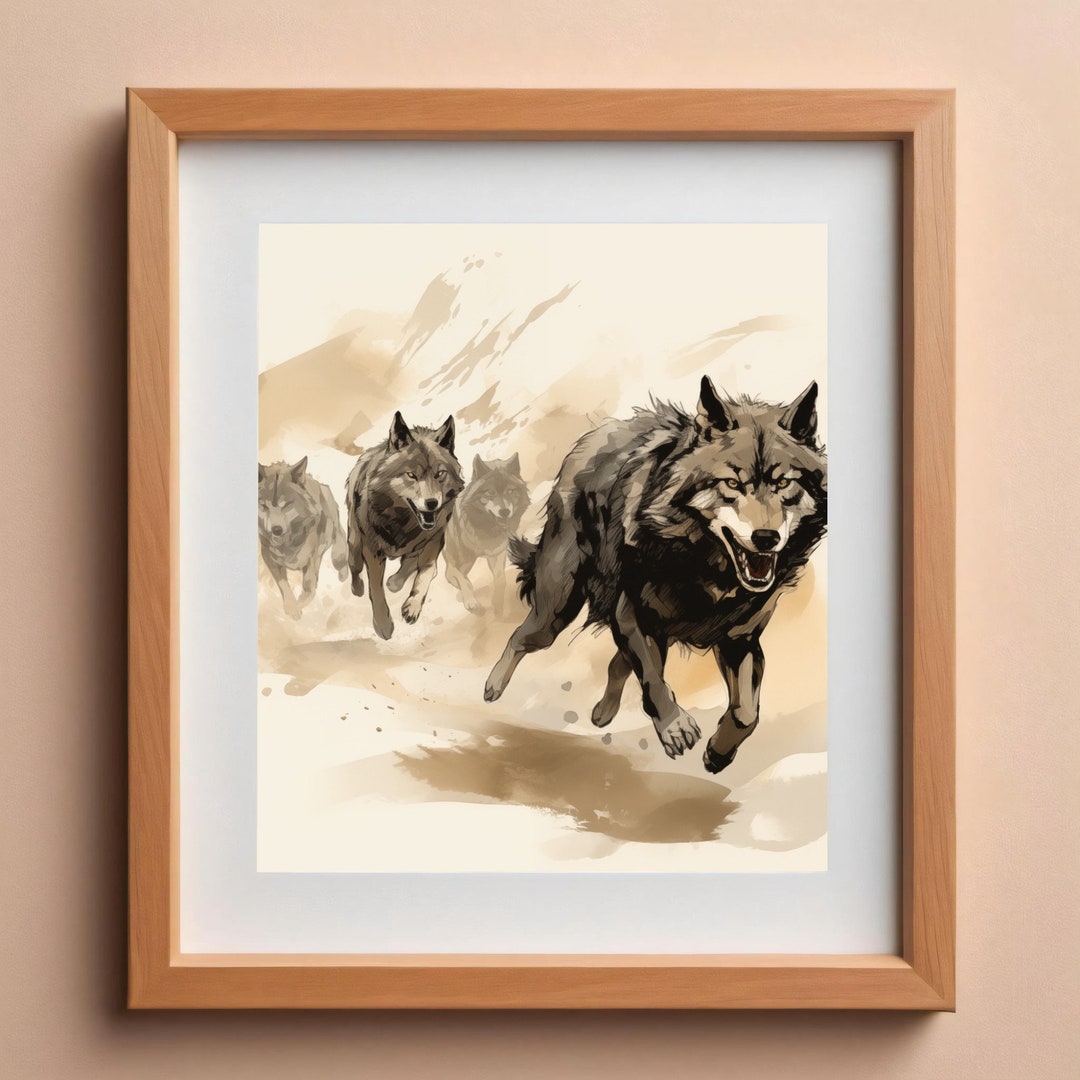 Vintage Wolf Pack Calligraphy Print, Inky Brush Stroke Wildlife Art ...