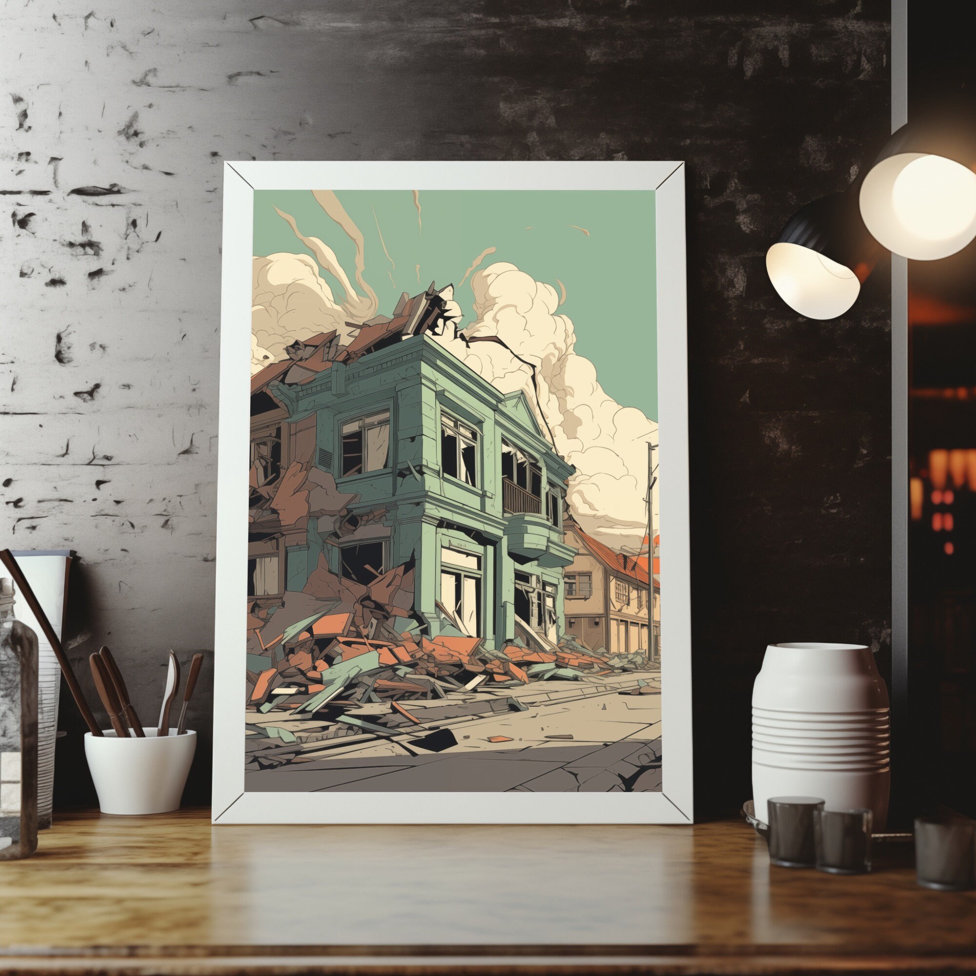 Vintage Earthquake Street Scene Art Print, Retro Disaster Wall Decor ...