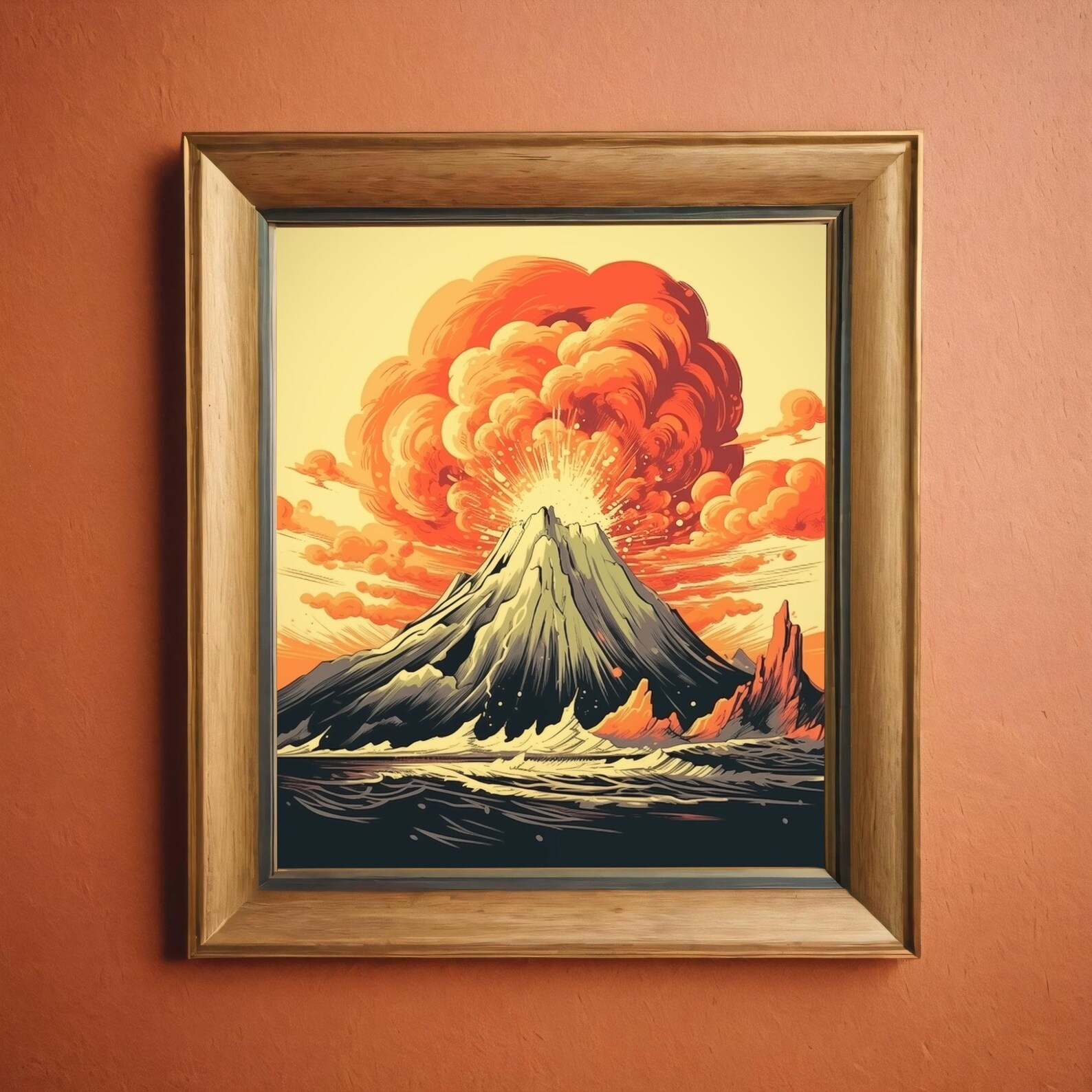 Vintage Volcano Eruption Art Print, Retro Nature Wall Decor, Minimalist ...