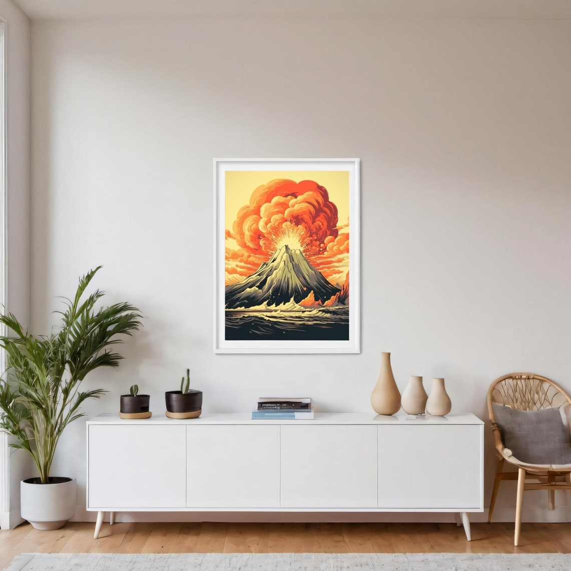 Vintage Volcano Eruption Art Print, Retro Nature Wall Decor, Minimalist ...