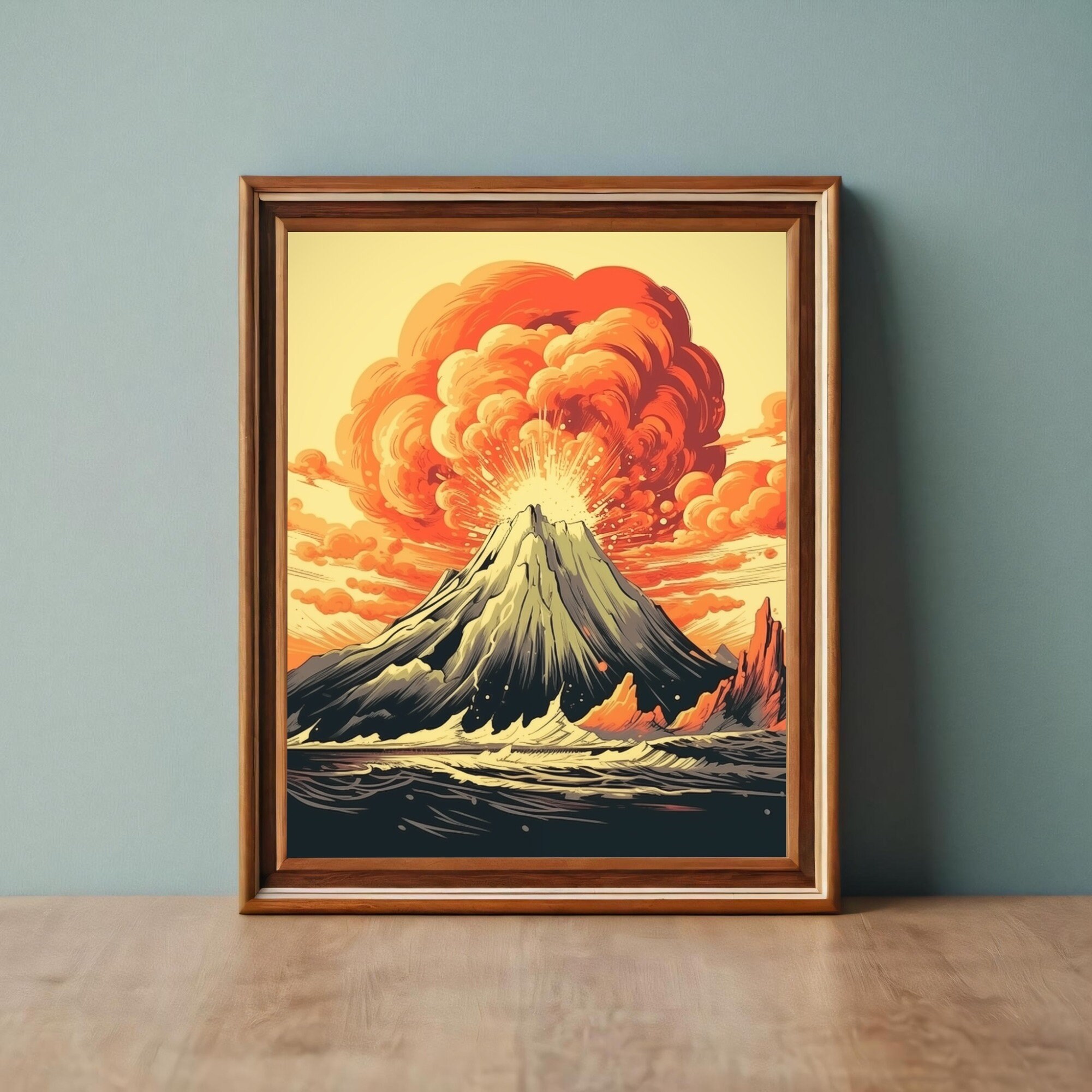 Vintage Volcano Eruption Art Print, Retro Nature Wall Decor, Minimalist ...