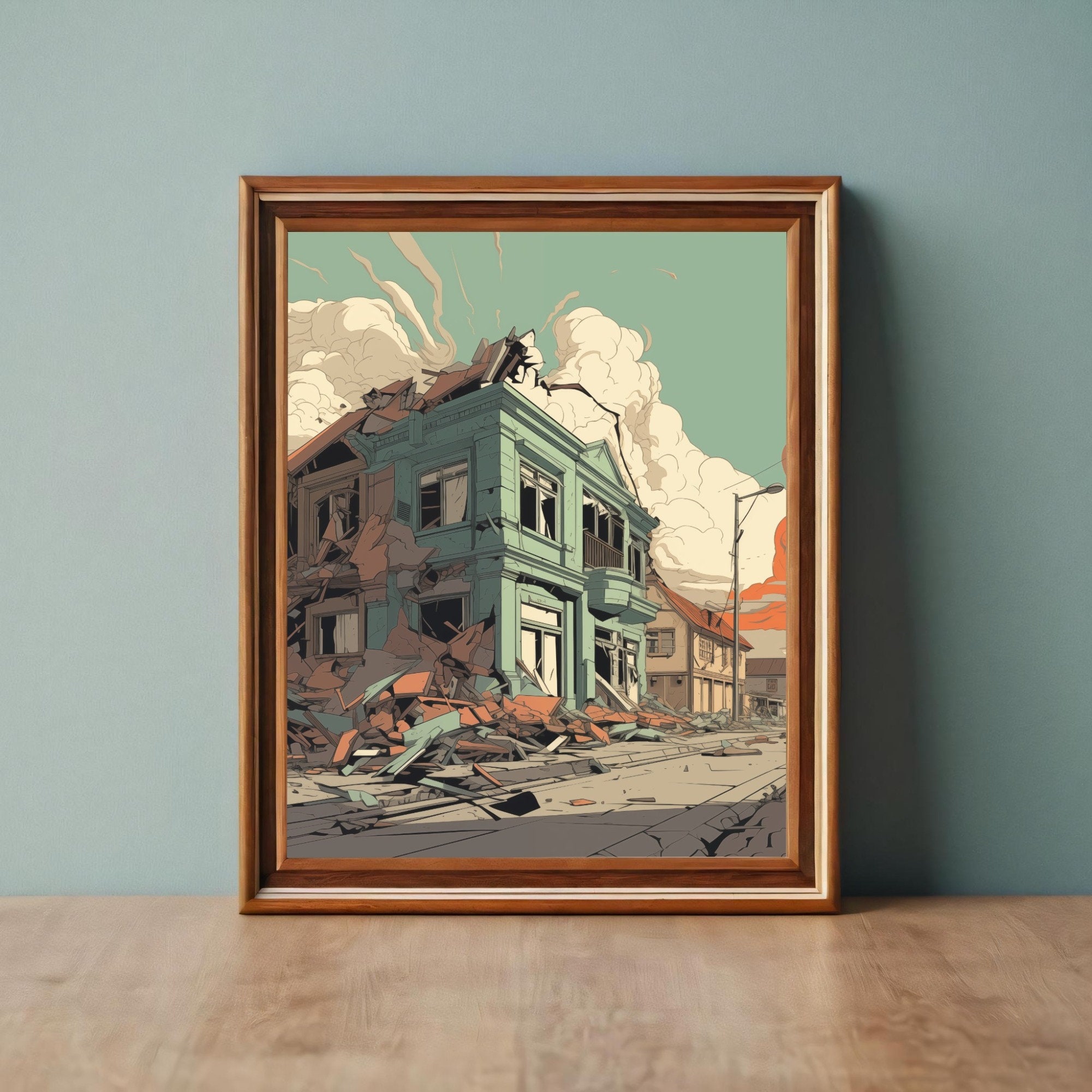 Vintage Earthquake Street Scene Art Print, Retro Disaster Wall Decor ...