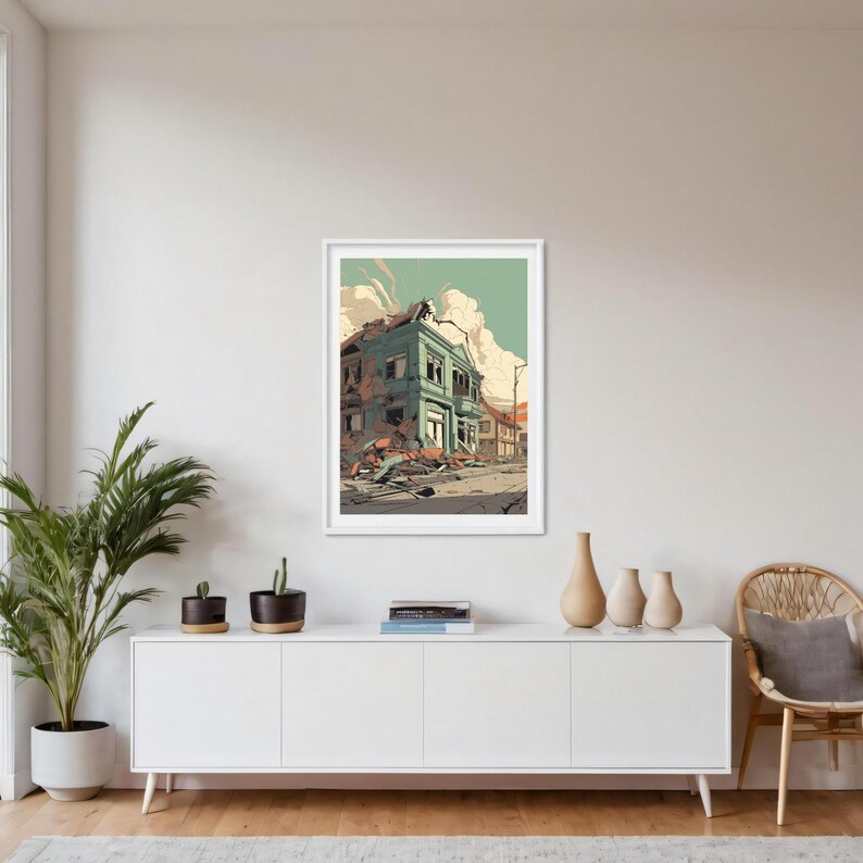 Vintage Earthquake Street Scene Art Print, Retro Disaster Wall Decor ...