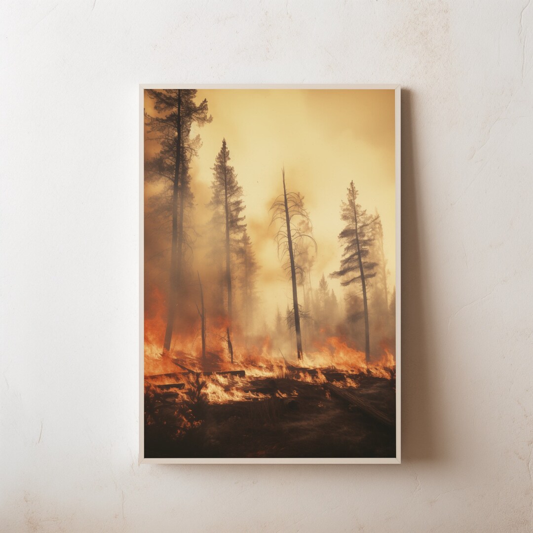 Rustic Forest Fire Print, Vintage Wildfire Art, Smoke Rising Trees Wall ...