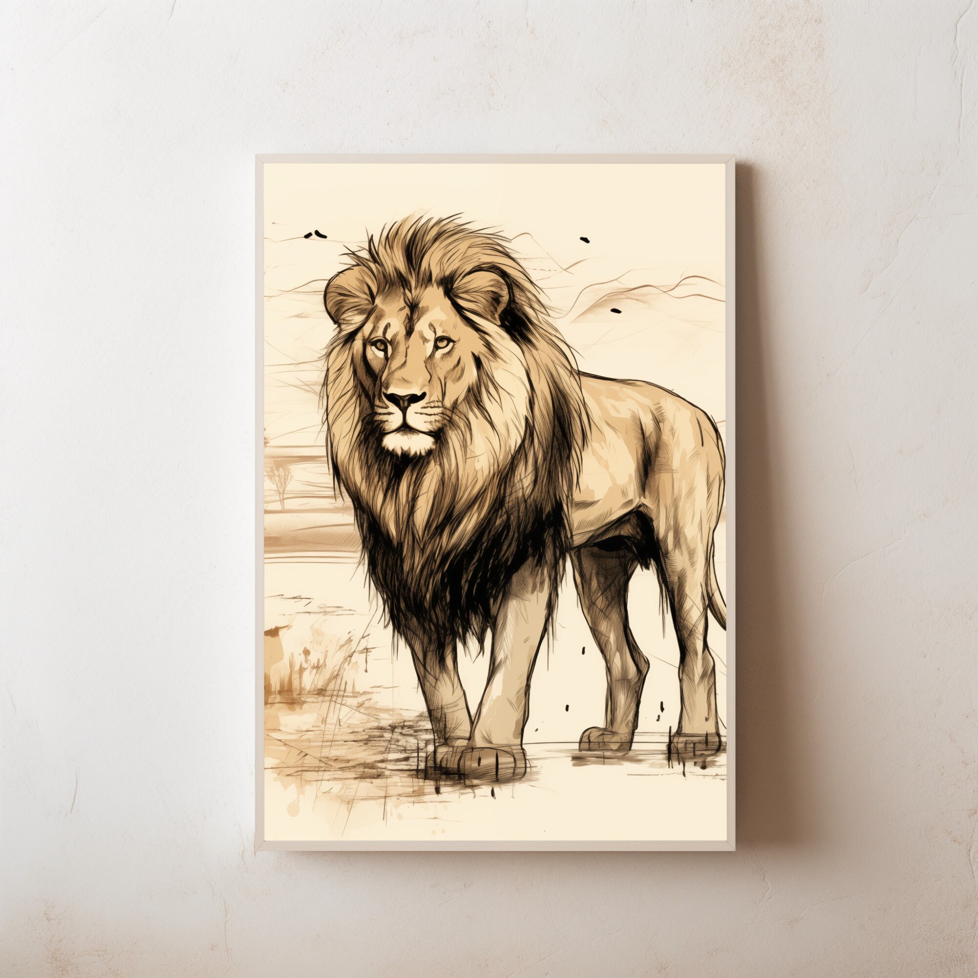 Lion Calligraphy Art Print, Safari Wildlife Decor, Water Colour Lion ...