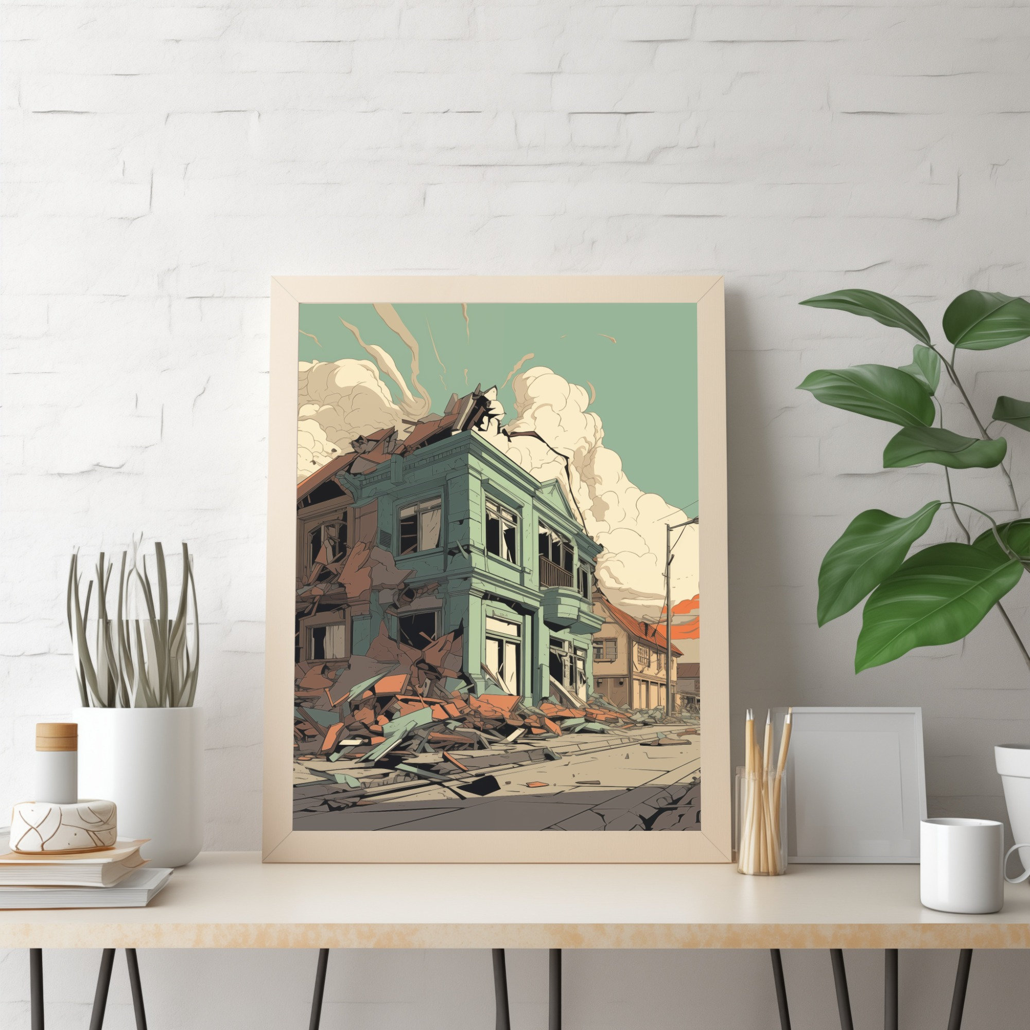 Vintage Earthquake Street Scene Art Print, Retro Disaster Wall Decor ...