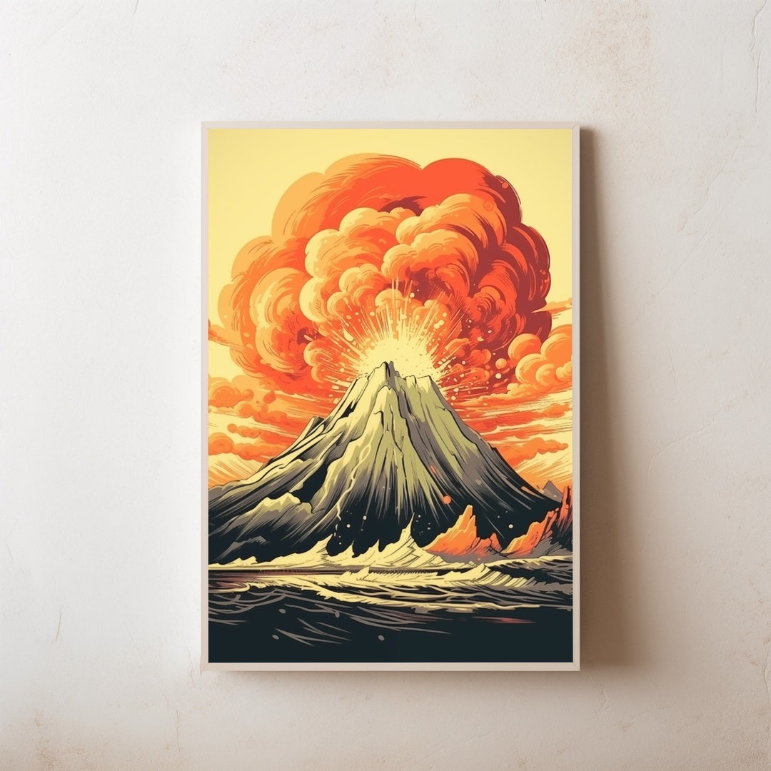 Vintage Volcano Eruption Art Print, Retro Nature Wall Decor, Minimalist ...