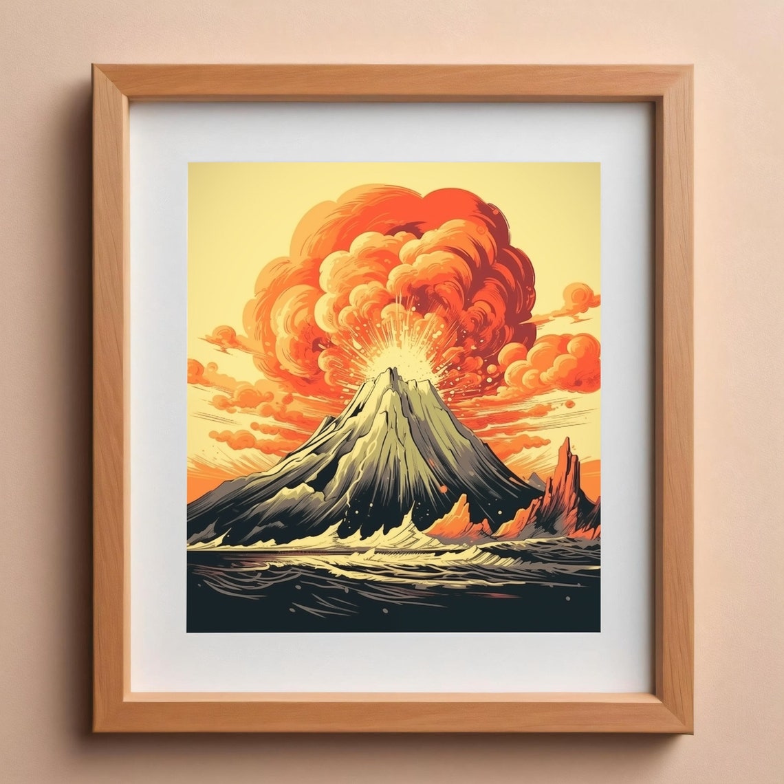 Vintage Volcano Eruption Art Print, Retro Nature Wall Decor, Minimalist ...