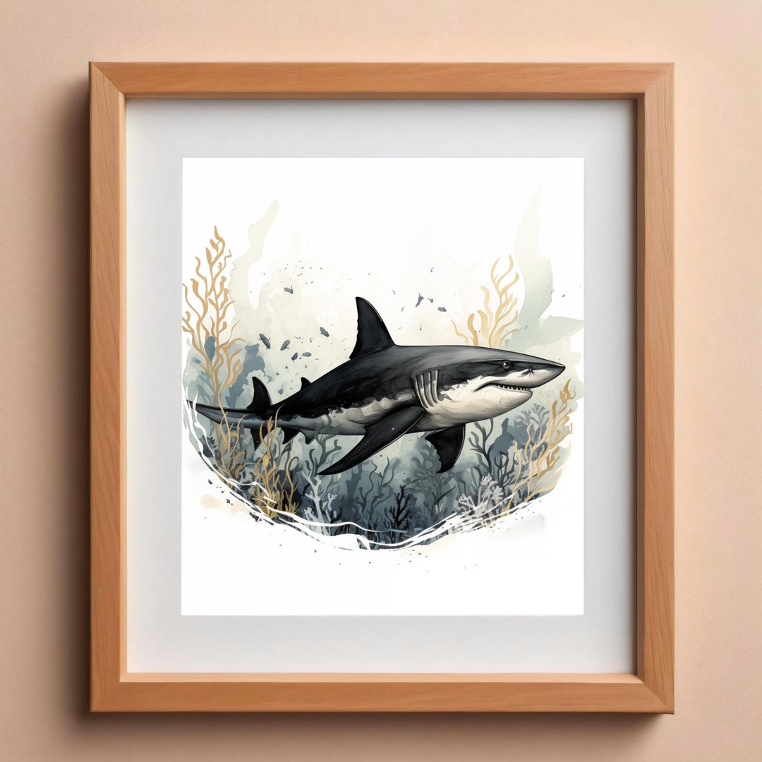 Inky Shark Calligraphy Art Print, Underwater Shark Reef Drawing, Ocean ...
