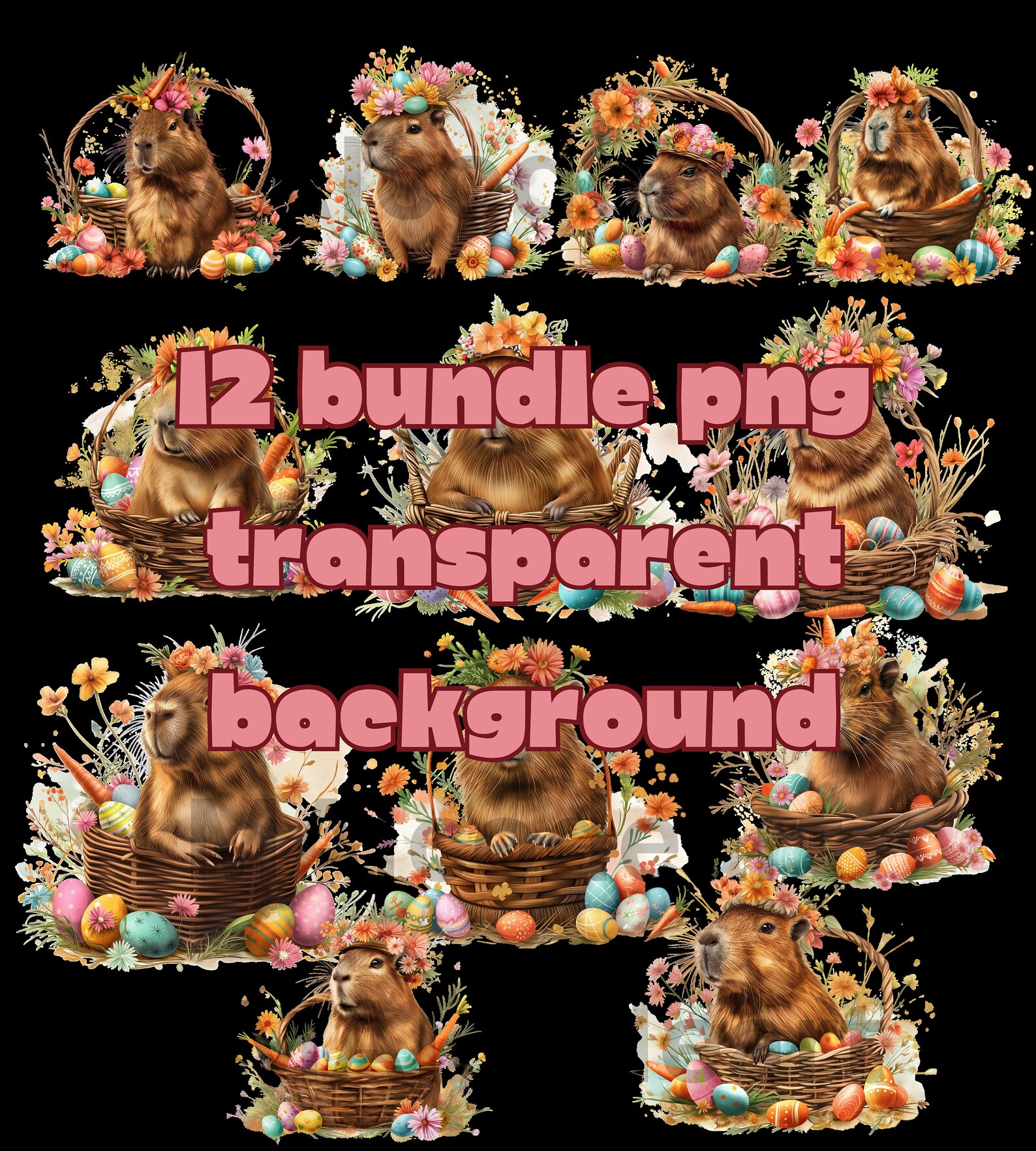 Watercolor Capybara Easter Collection Clipart, 12 PNG Easter Day ...