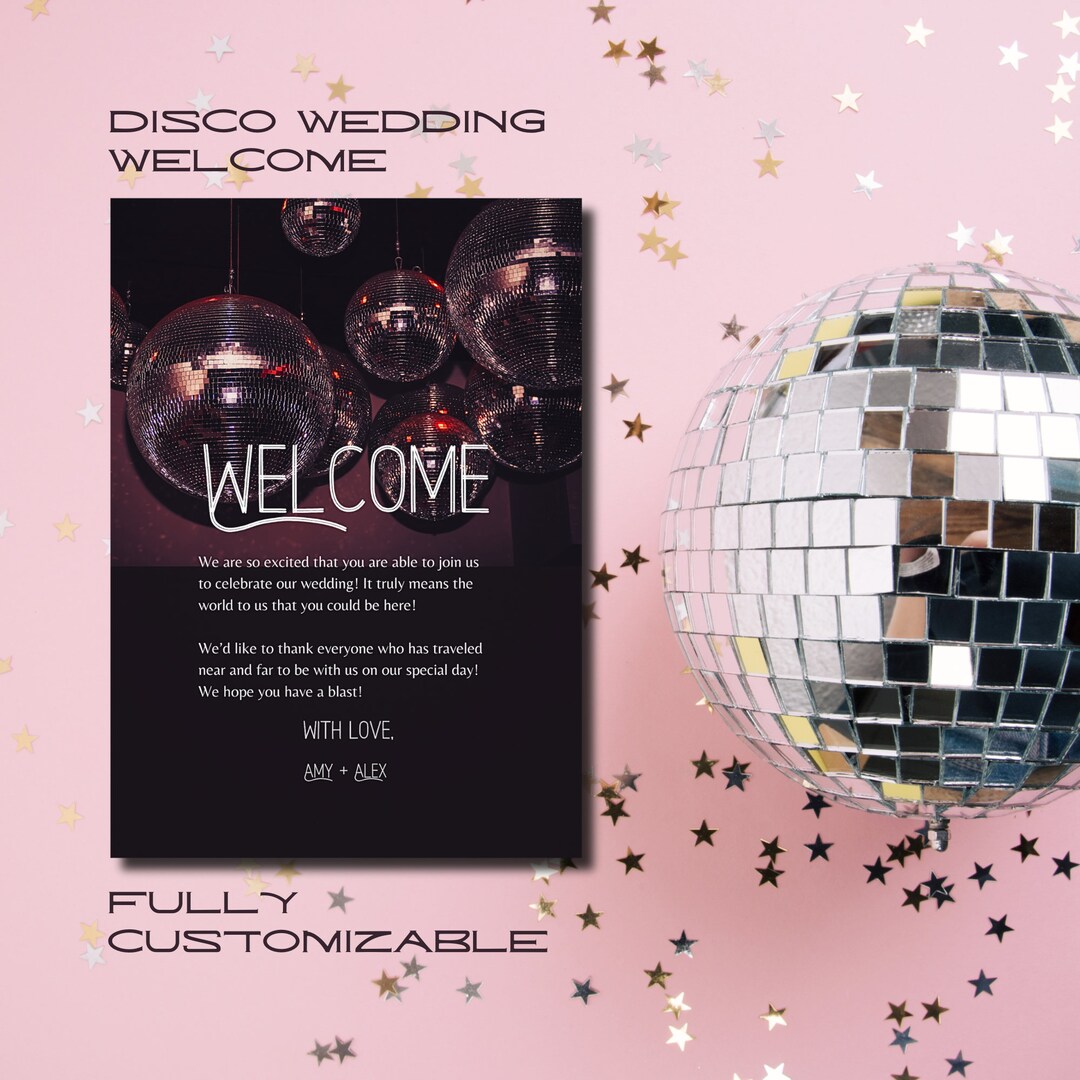 Retro Disco Ball Wedding Welcome Card Customizable & Fun Weekend Events ...