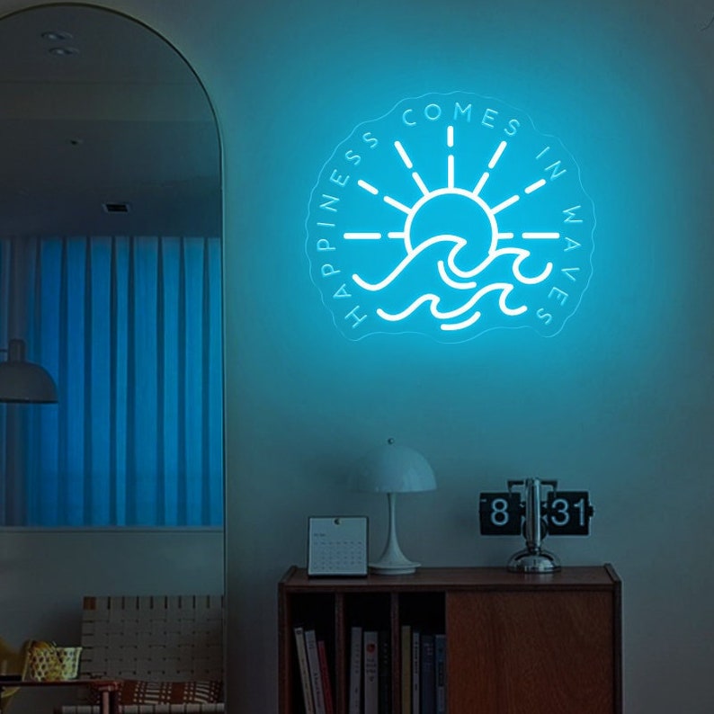 Happiness Comes in Waves Neon Sign, Vacation Neon Light, Ocean Wave ...