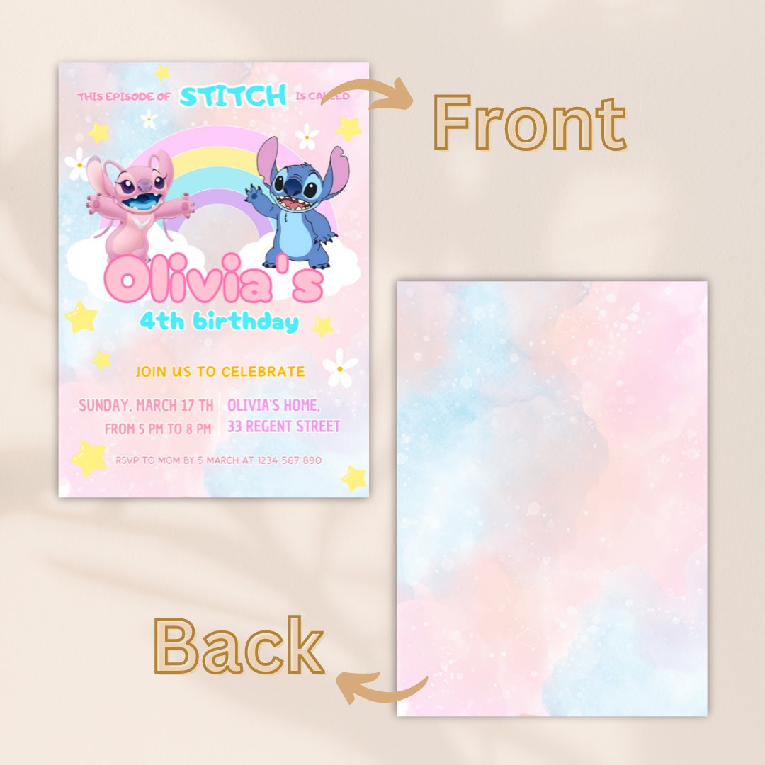 Stitch and Angel Birthday Invitation for Girl Editable Stitch and Angel ...