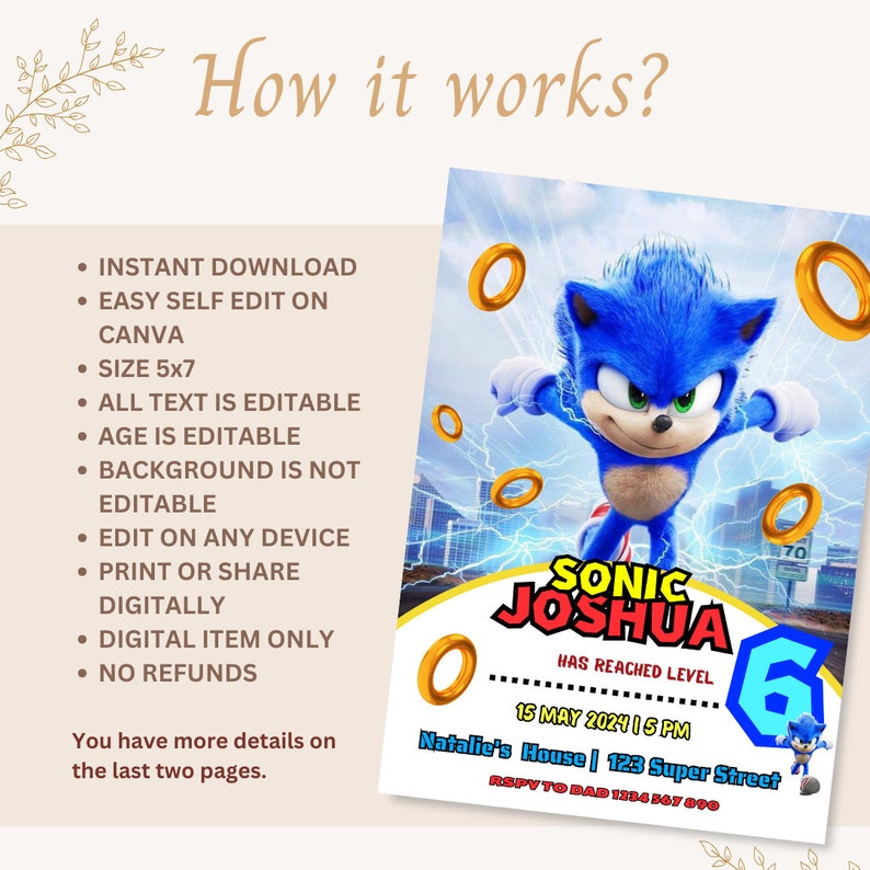 Sonic Invitation for Boy Editable Sonic the Hedgehog Birthday Invite ...
