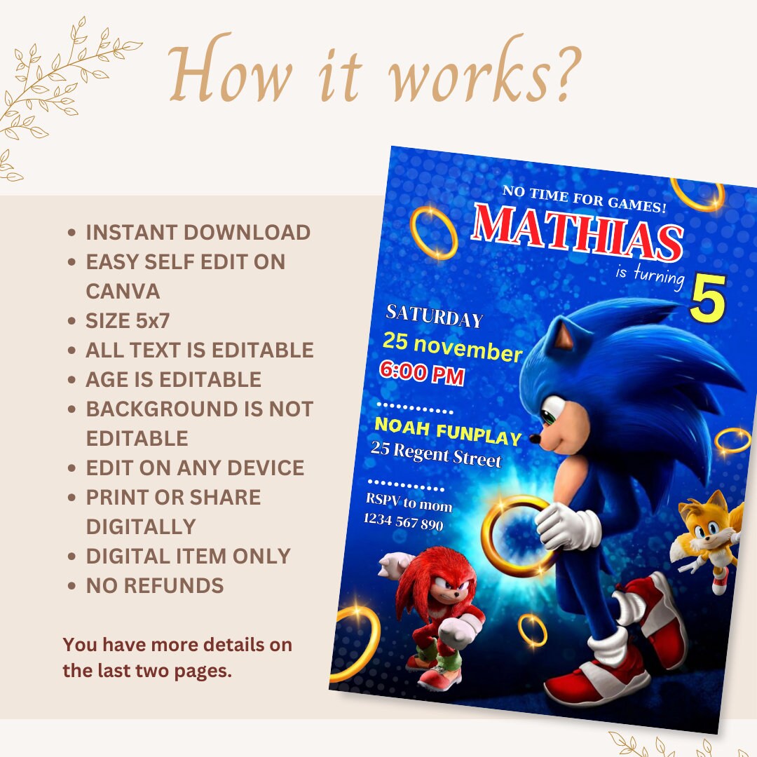 Sonic Invitation for Boy Editable Sonic the Hedgehog Birthday Invite ...