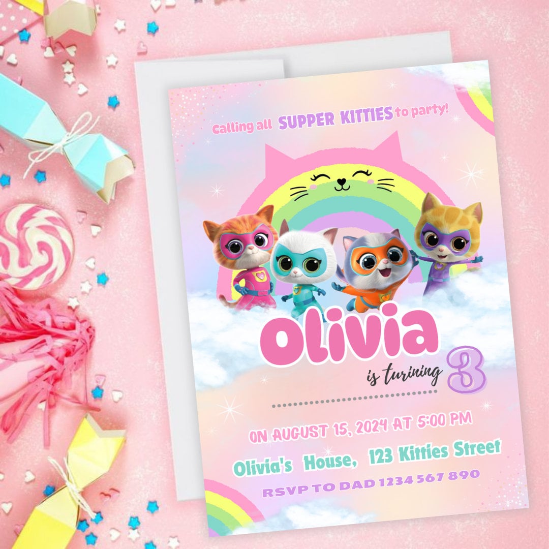 Editable Super Kitty Birthday Invitation for Girl Super Kitties ...