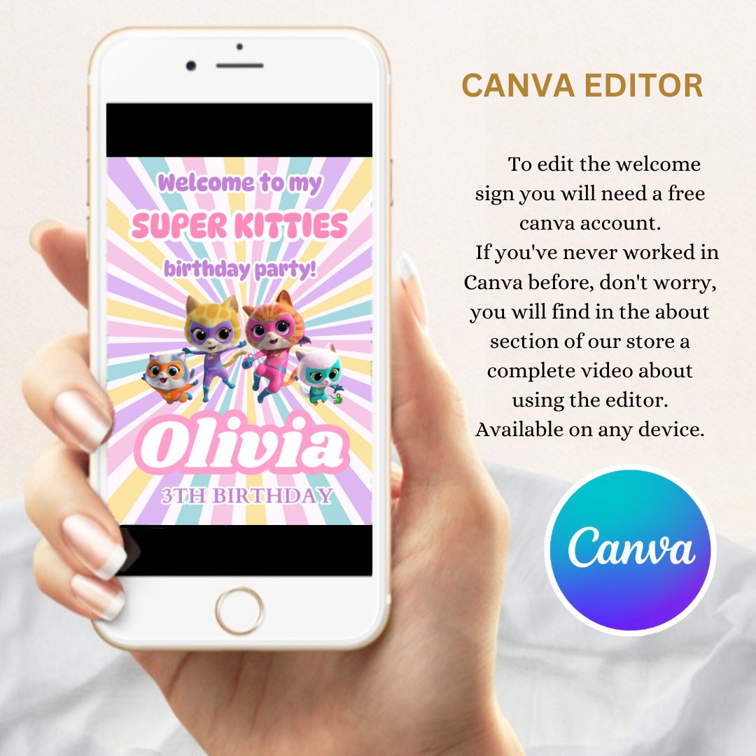 Editable Super Kitties Welcome Sign for Girl Super Kitties Birthday ...